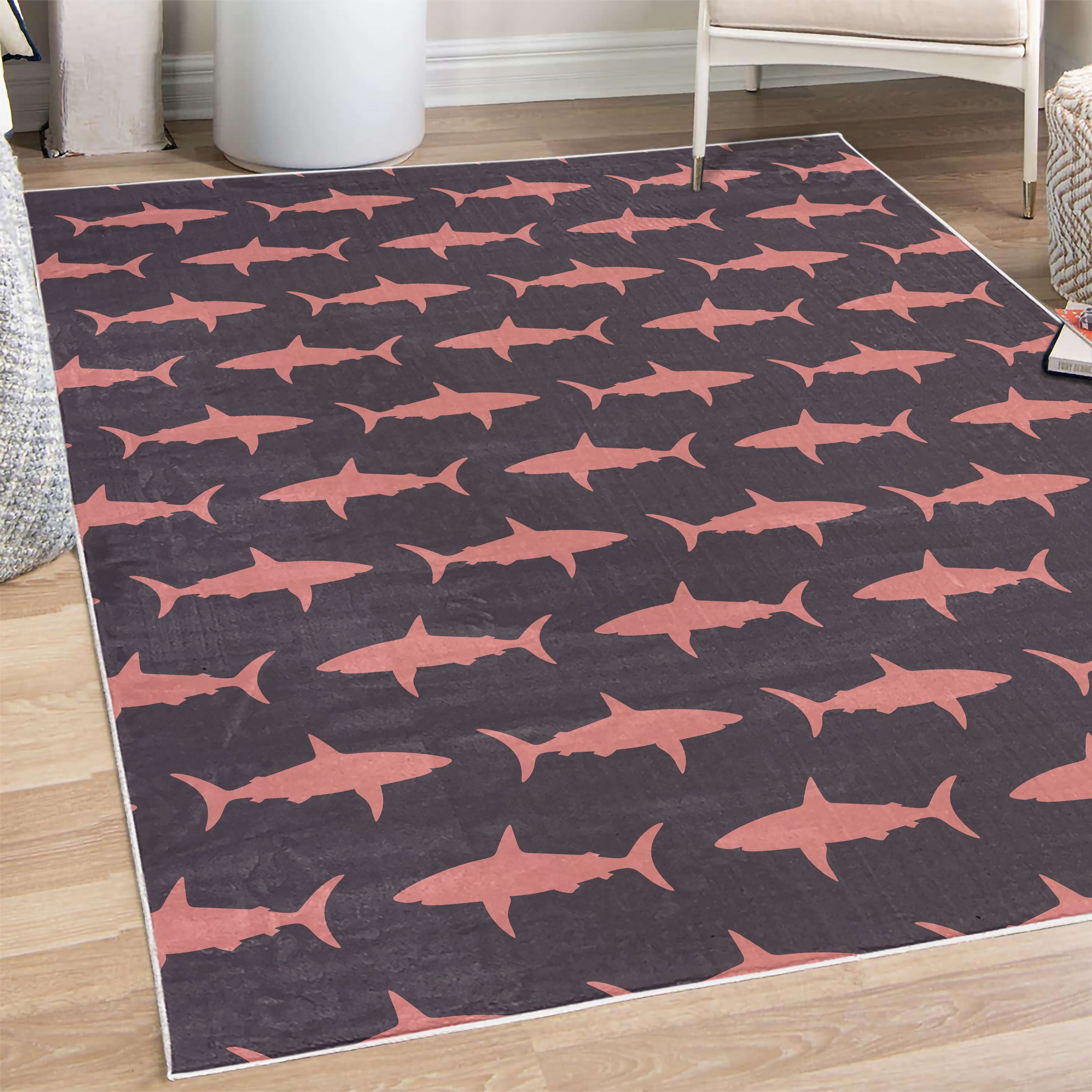 Sea Animals Decorative Rug, Sharks Swimming Horizontal Silhouettes ...