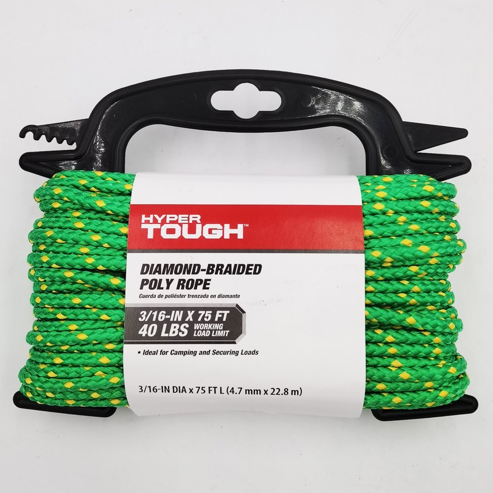 Hyper Tough Diamond Braided Polypropylene Rope, Green, 3/16 inch x 75 ...