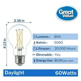 Great Value 18YR A19 LED Light Bulb 7W 60W Equivalent Dimmable Daylight E26 Medium Base 4 Pack ...