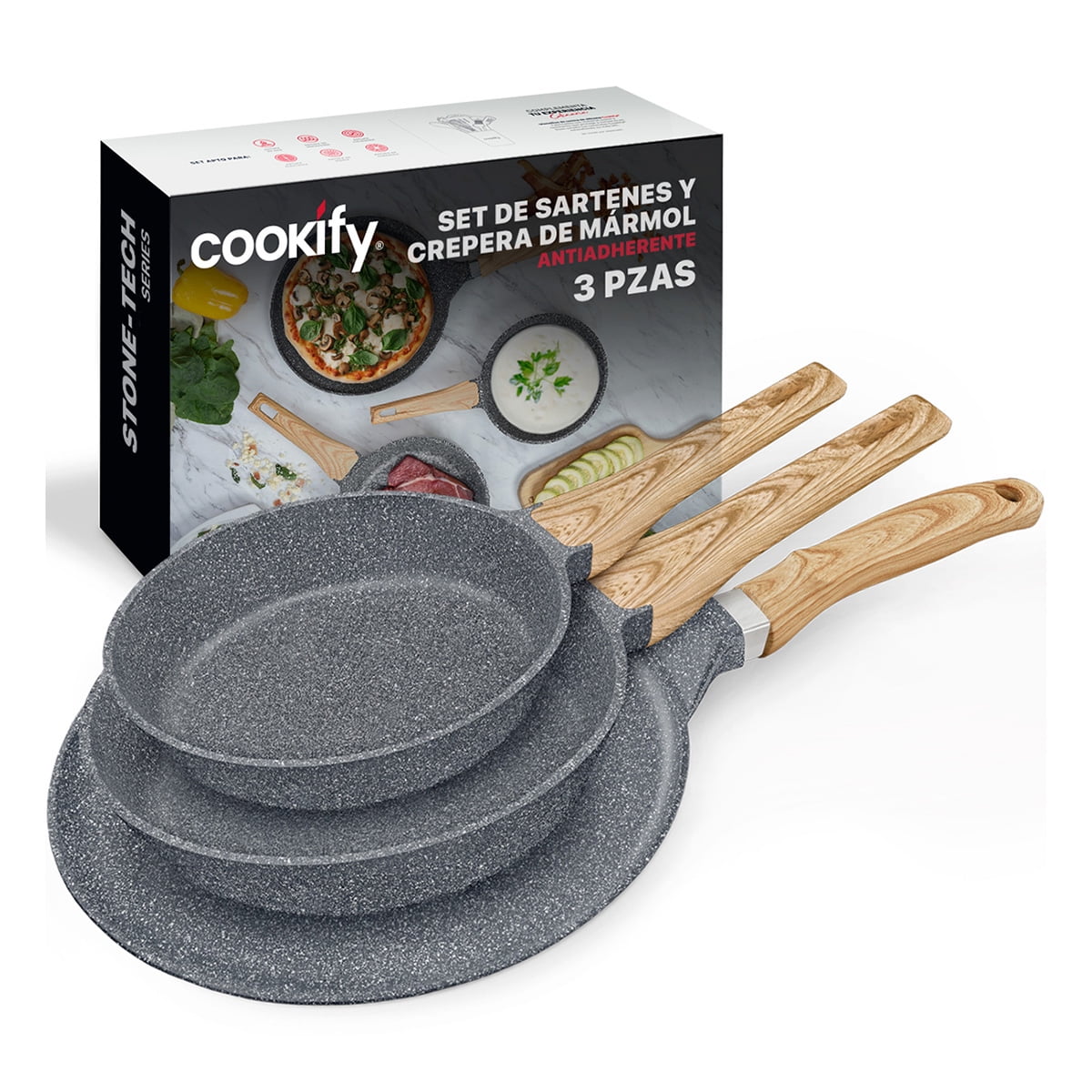 Set de 3 Sartenes Cookify Antiadherente de Mármol 20-24-28 cm Gris ...