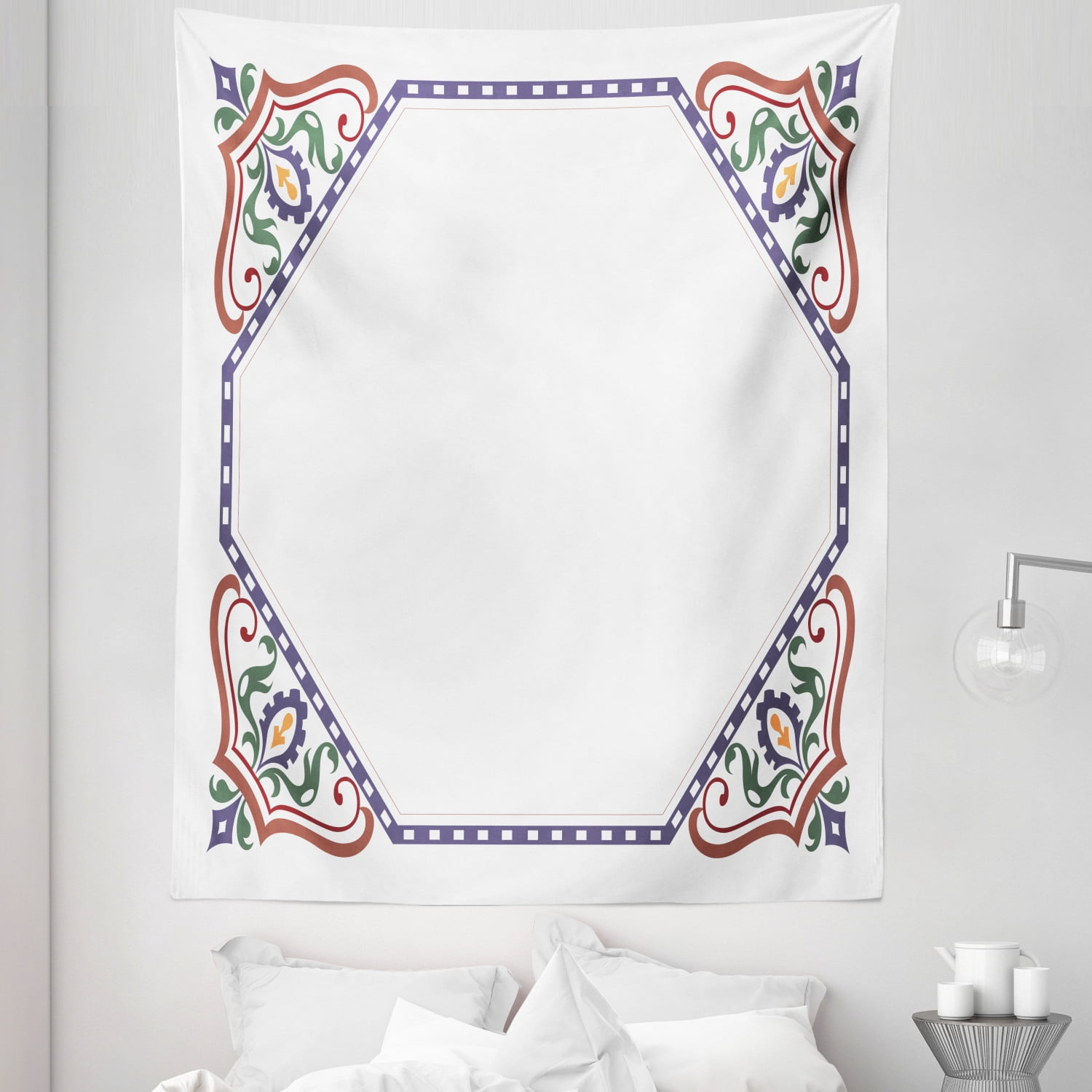 Turkish Pattern Tapestry, Geometric Frame with Curly Pastel Leaf ...