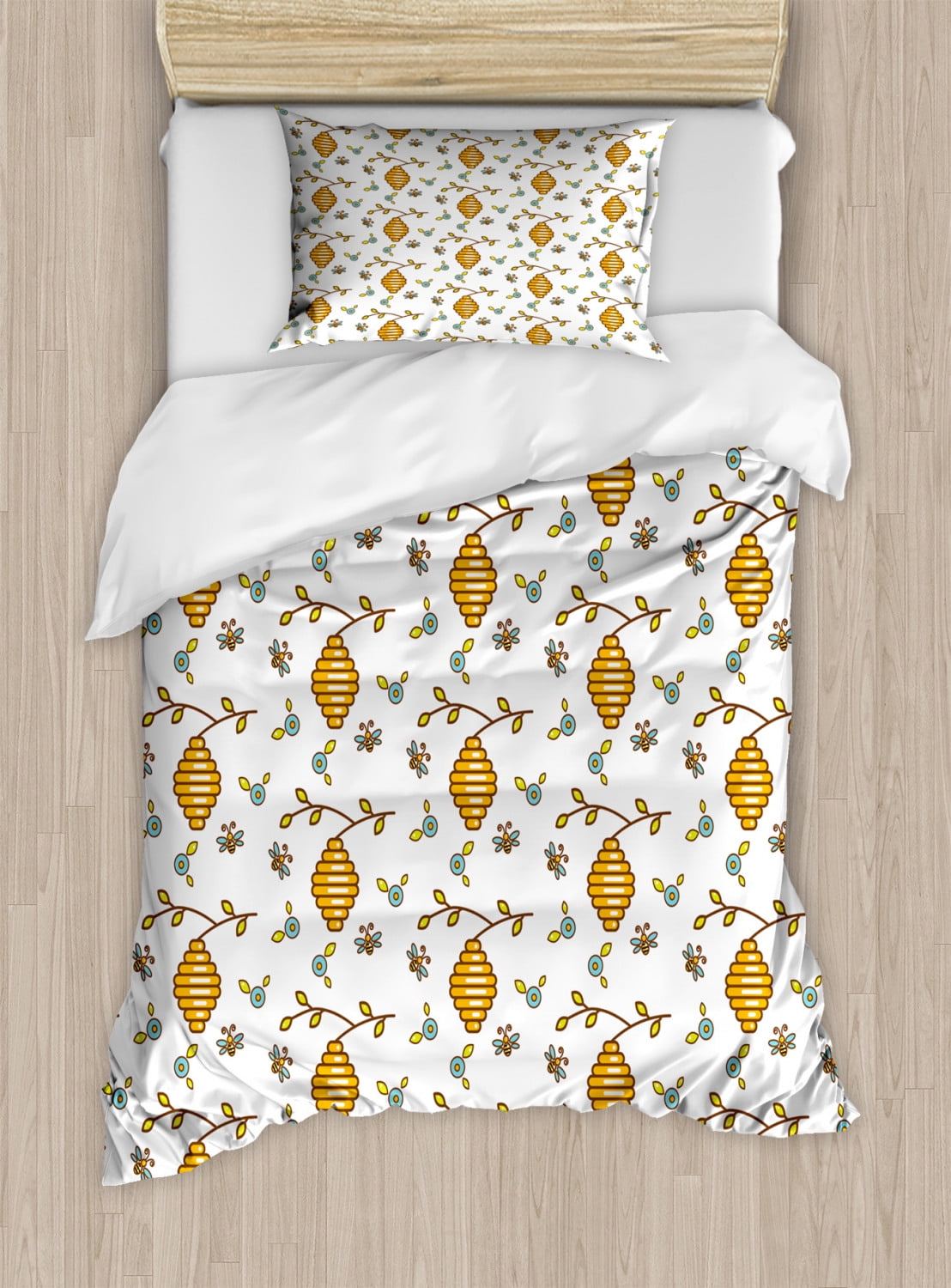 Bee Twin Size Duvet Cover Set, Graphic Illustration of Vespiary Flowers ...