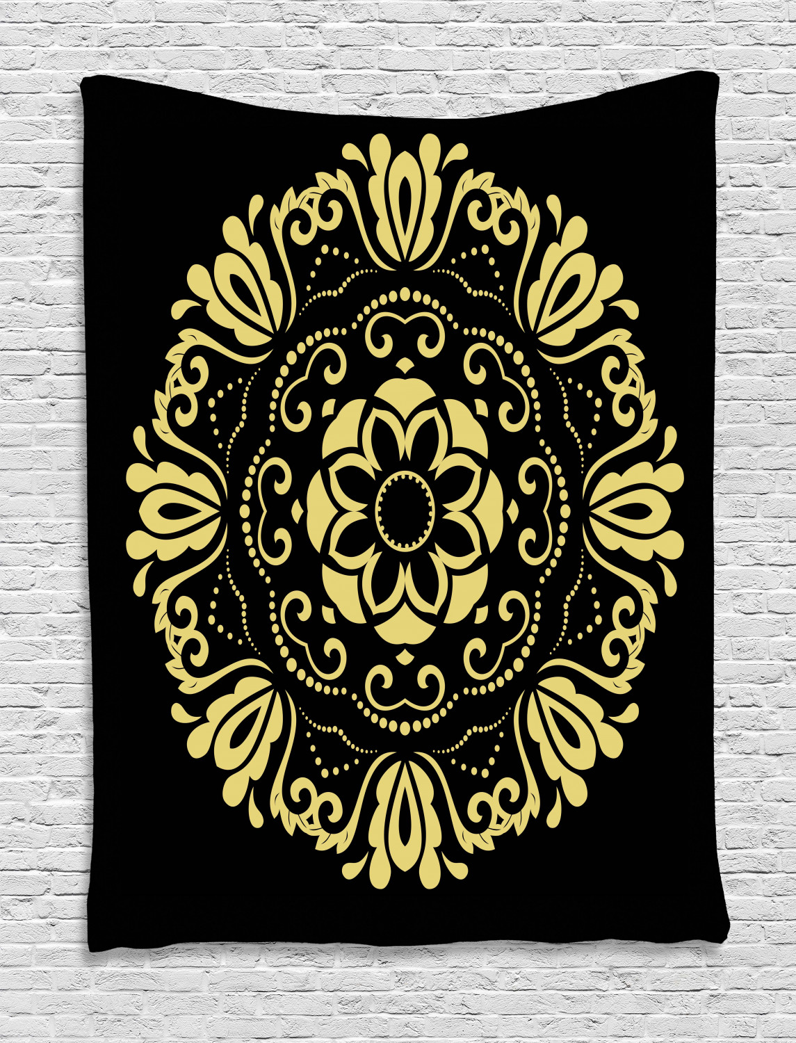 Yellow Damask Tapestry, Graphic Abstract Flowers Stylized Circular ...