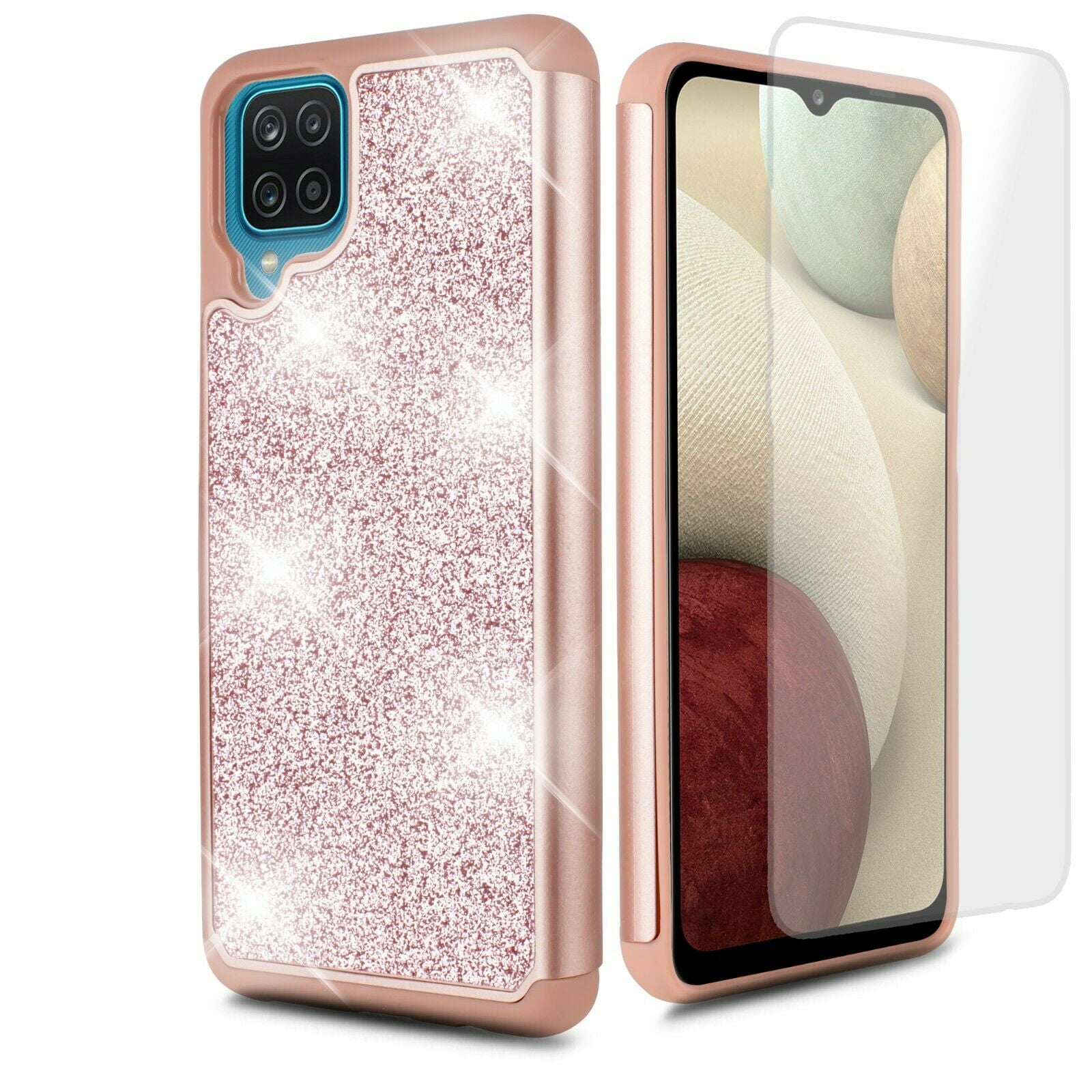 for Samsung Galaxy A12 Phone Case Glitter with Tempered Glass Shock ...