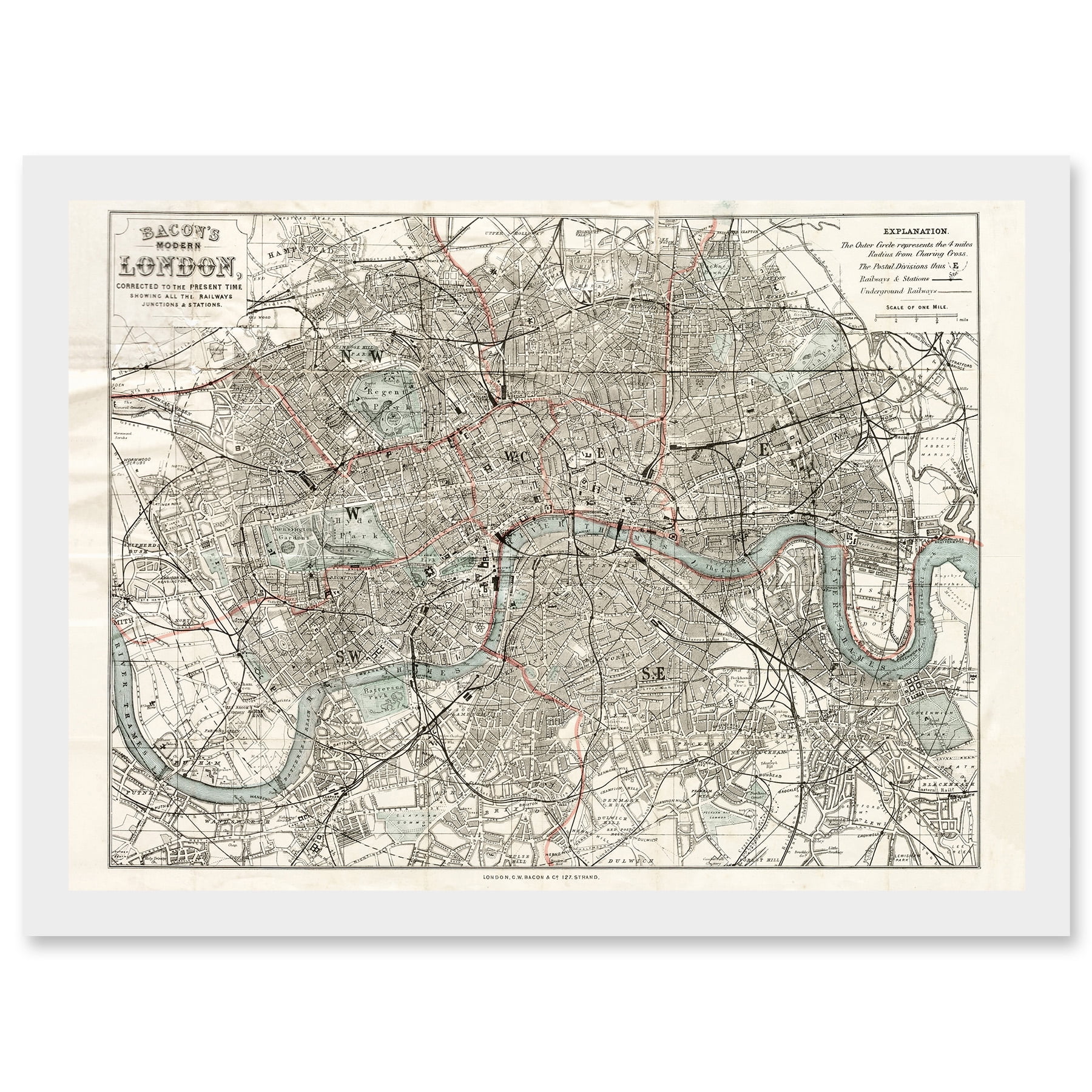 Map Bacon 1883 Modern London City England Plan Chart Artwork Framed ...