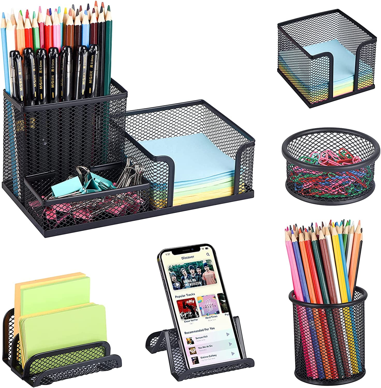 Pen Holder for Desk, 6 Pieces Mesh Desk Organizer set 3 Compartments ...