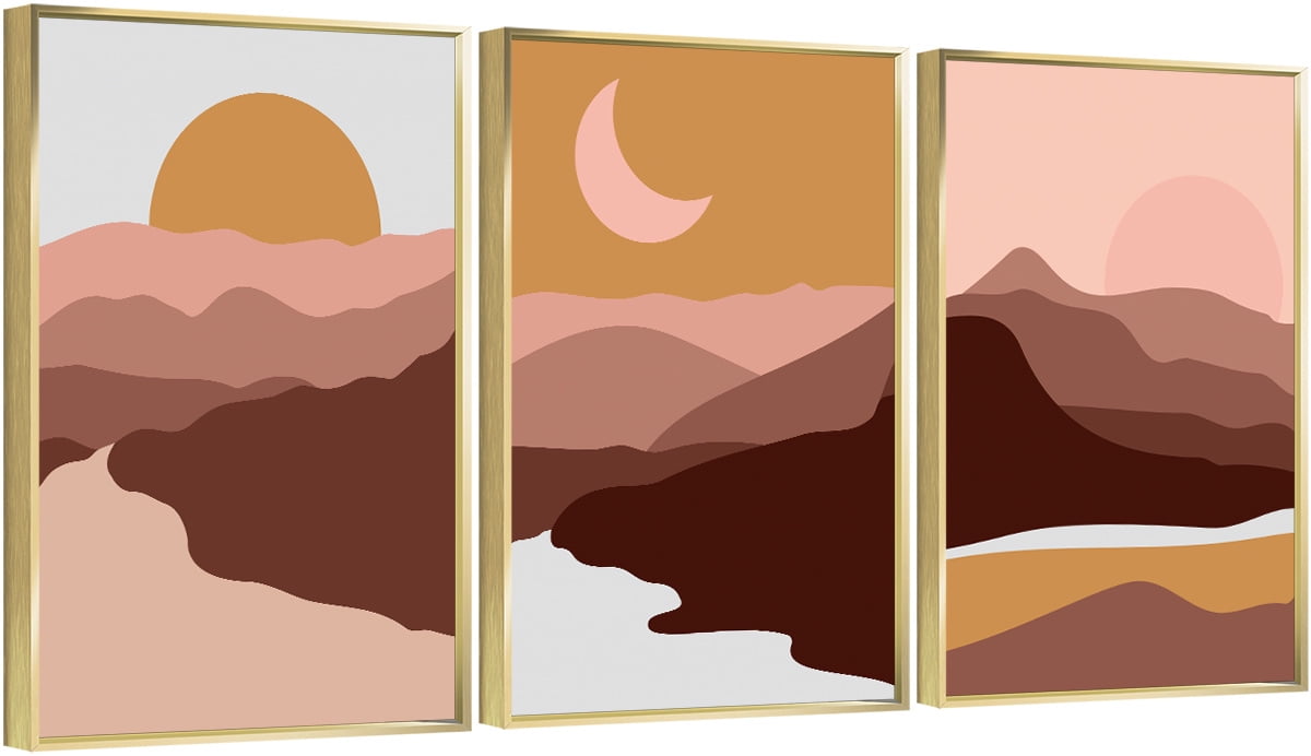Full House 3 Panels Framed Canvas Wall ArtOil Paintings - Sun and Moon Scene Boho Abstract Art ...