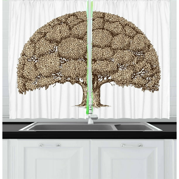 Tree Curtains 2 Panels Set, Monochrome Oak Tree Design with Fresh Lush ...