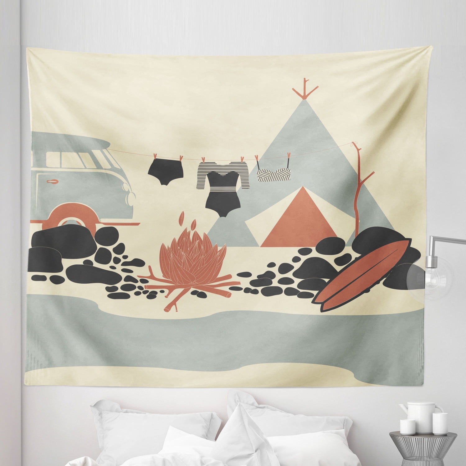 Camper Tapestry, Tent and Hippie Van in Wilderness Exotic Beach ...