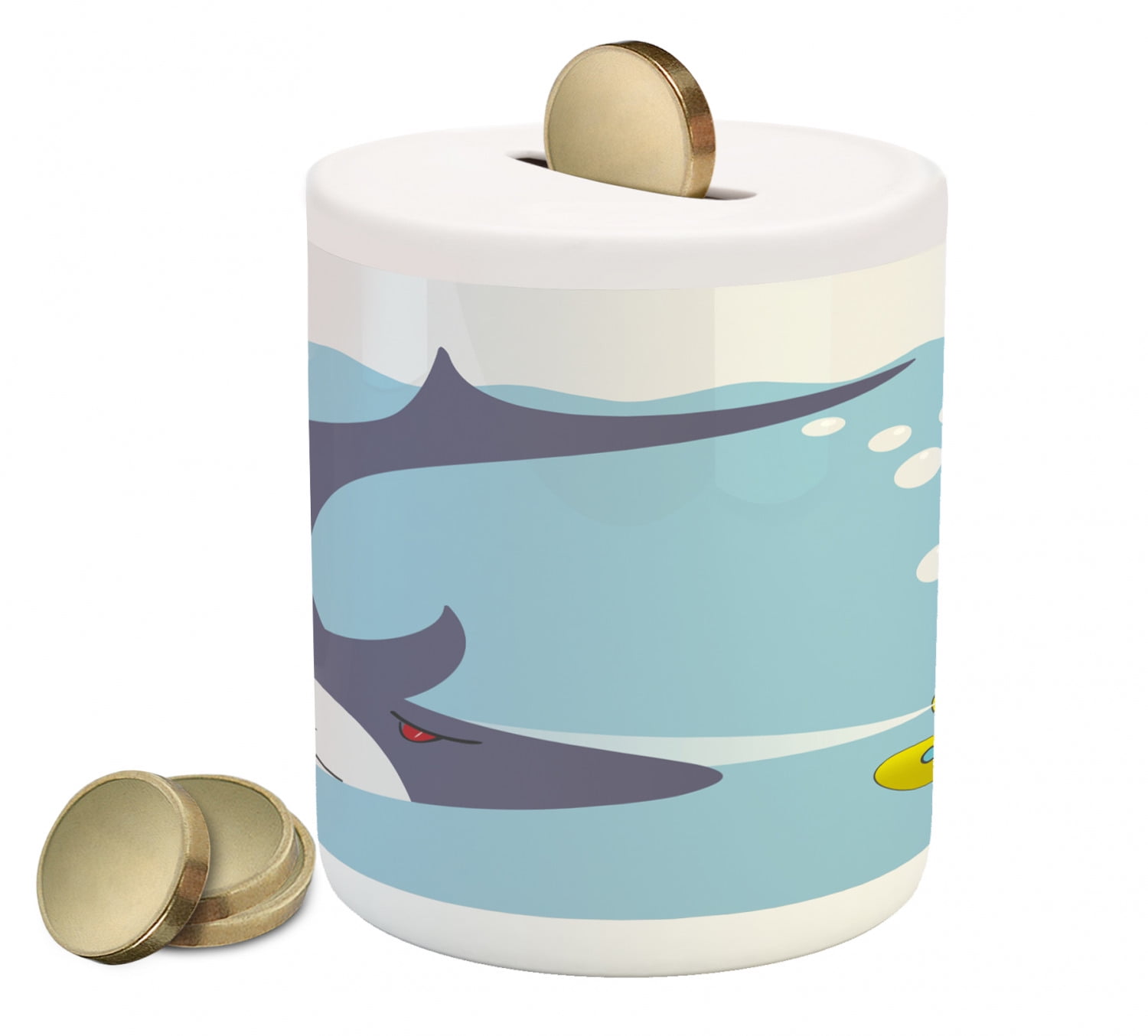 Yellow Submarine Piggy Bank, Shark with Vessel in Ocean Bubbles Under ...
