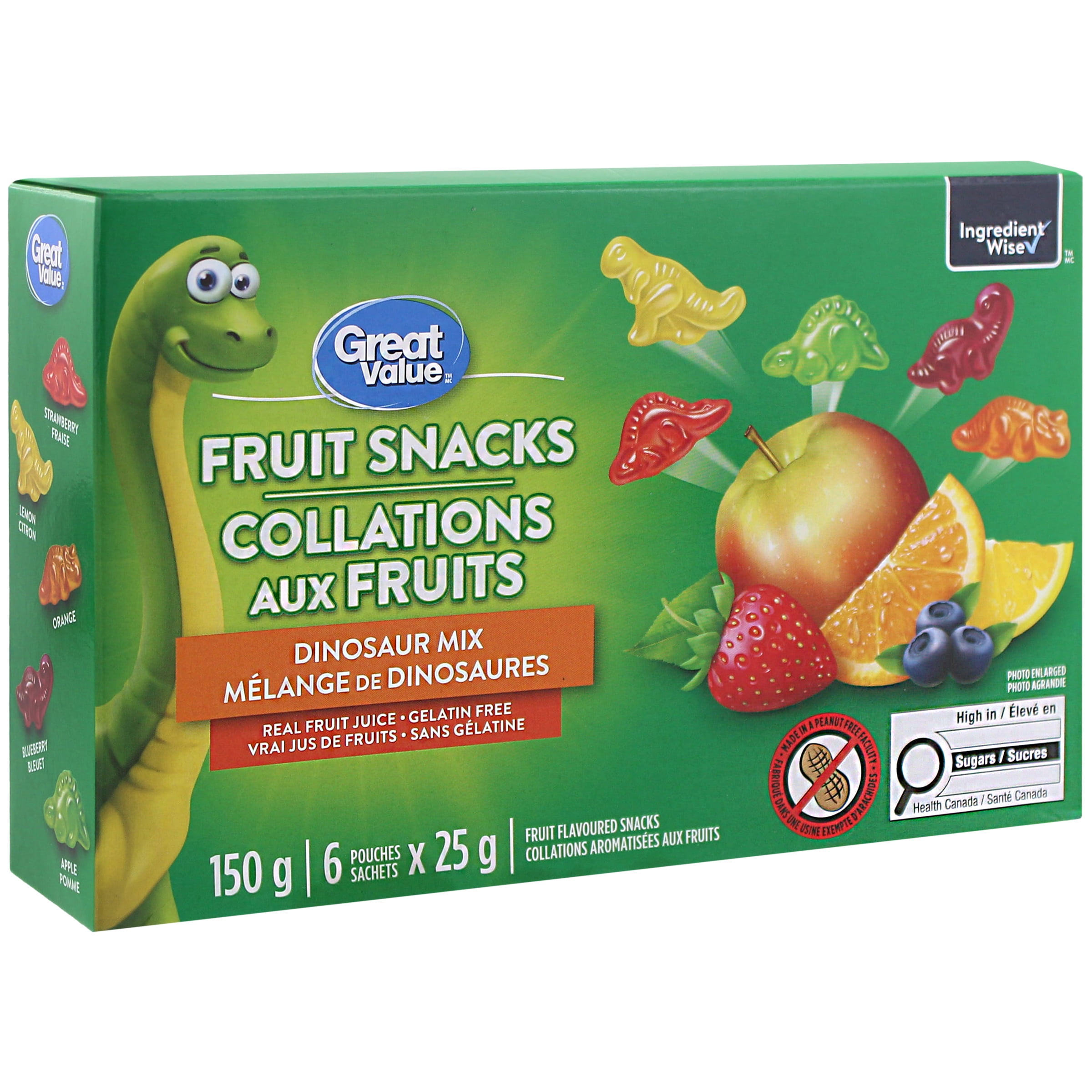 Great Value Dinosaur Mix Fruit Flavoured Snacks, 150 g (6 x 25 g ...
