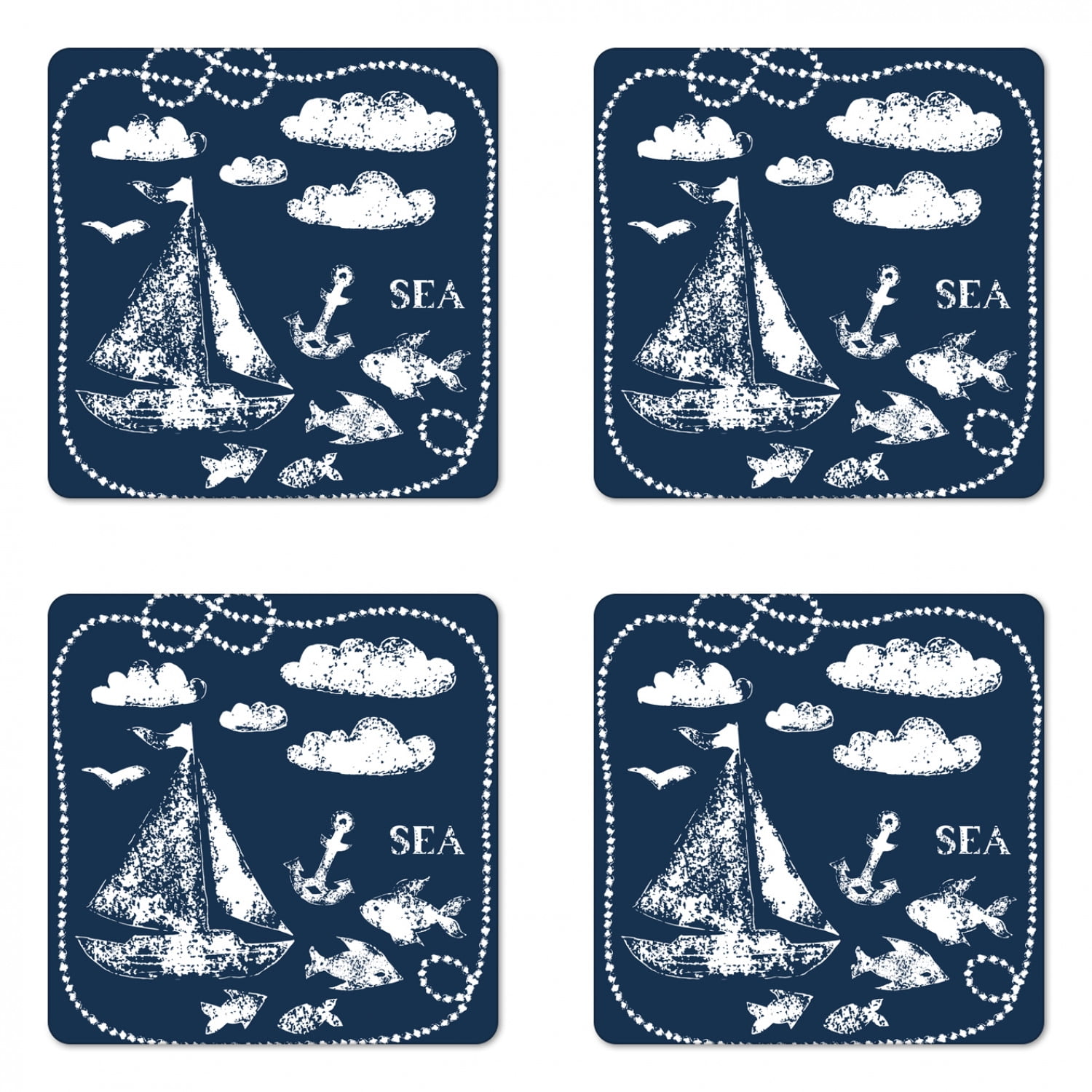 Navy Blue Coaster Set of 4, Sea Themed Hand Print Grunge Elements ...