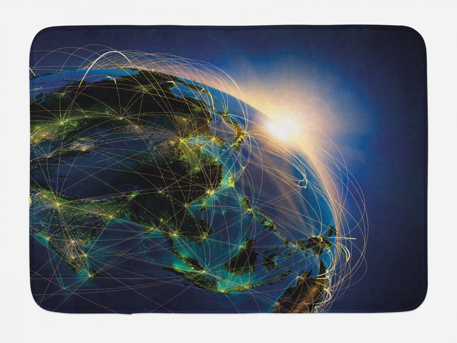 World Bath Mat, Vivid Globe of World in Space Covered by Luminous Network and Rising Sun Image ...