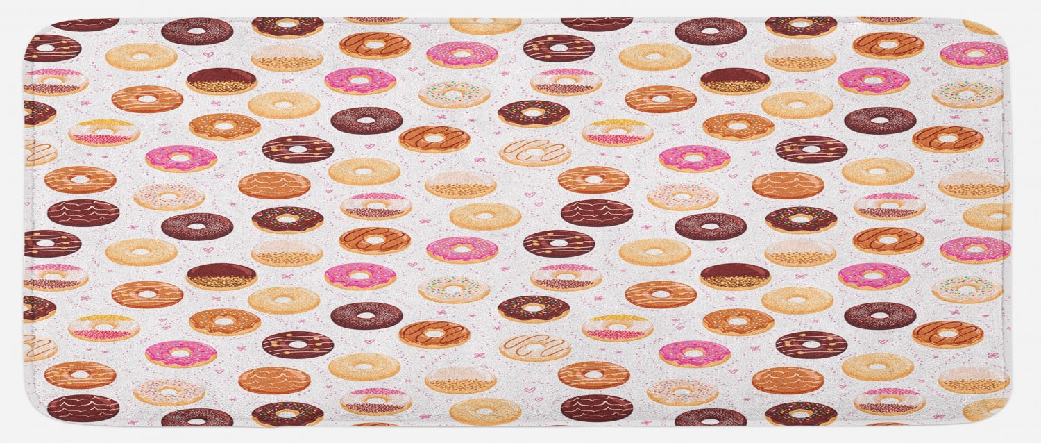 Food Kitchen Mat, Donuts and Little Hearts Pattern Colorful Yummy ...
