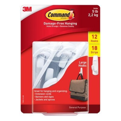 3M Command Large Utility Hooks, White, 12 Hooks, 18 Adhesive Strips ...