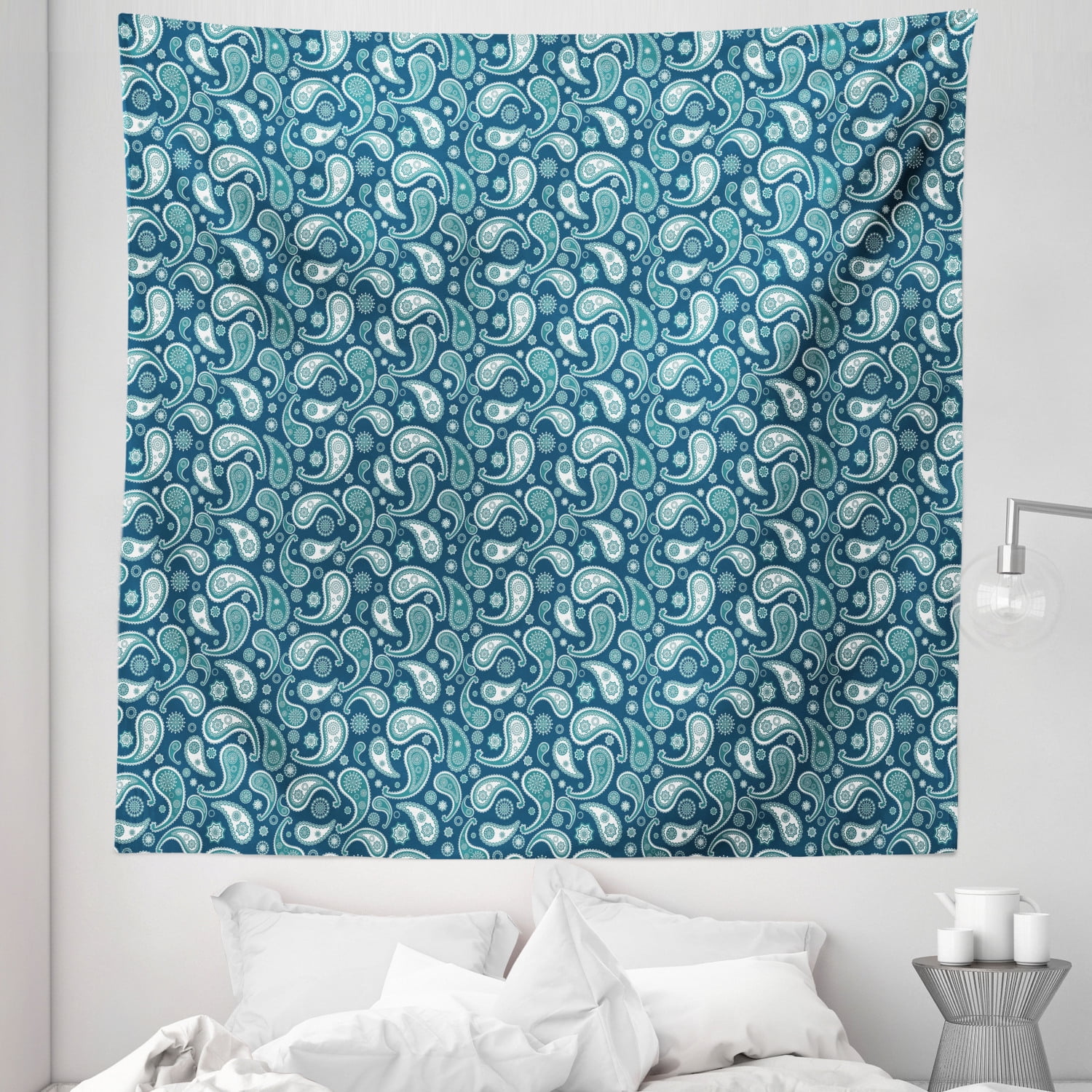 Vintage Blue Tapestry, Middle Eastern Paisley Pattern Curvy Motifs with ...