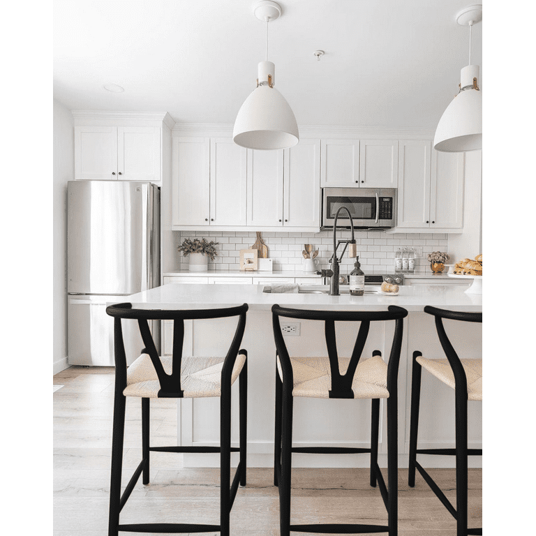 Farmhouse Style Wishbone Counter Height Bar Stool with Back Dark Light Woven Seat Black Wood Fully Assembled Walmart