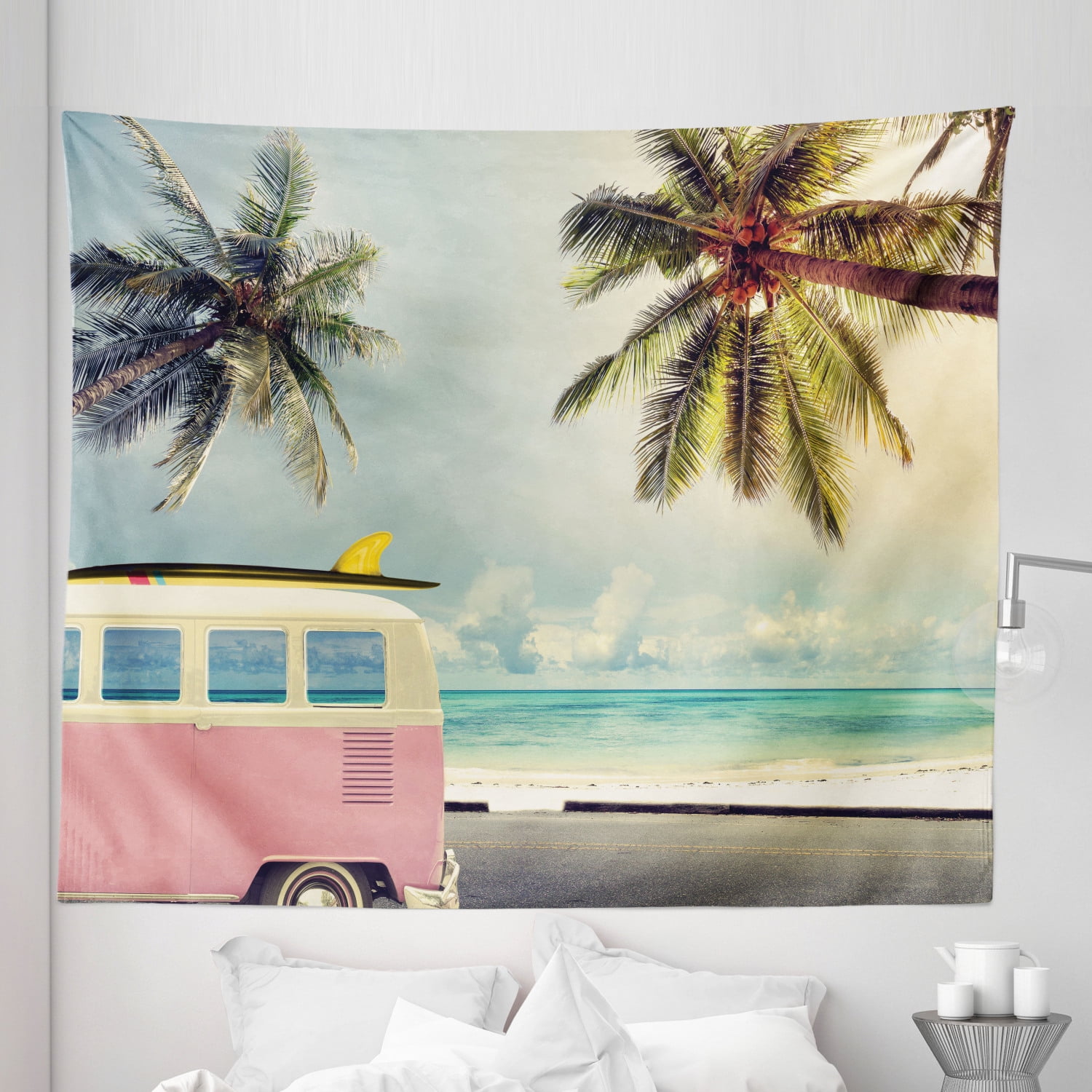 Colorful Tapestry, Minivan the Beach Retro Inspired Vacation Clouds in ...
