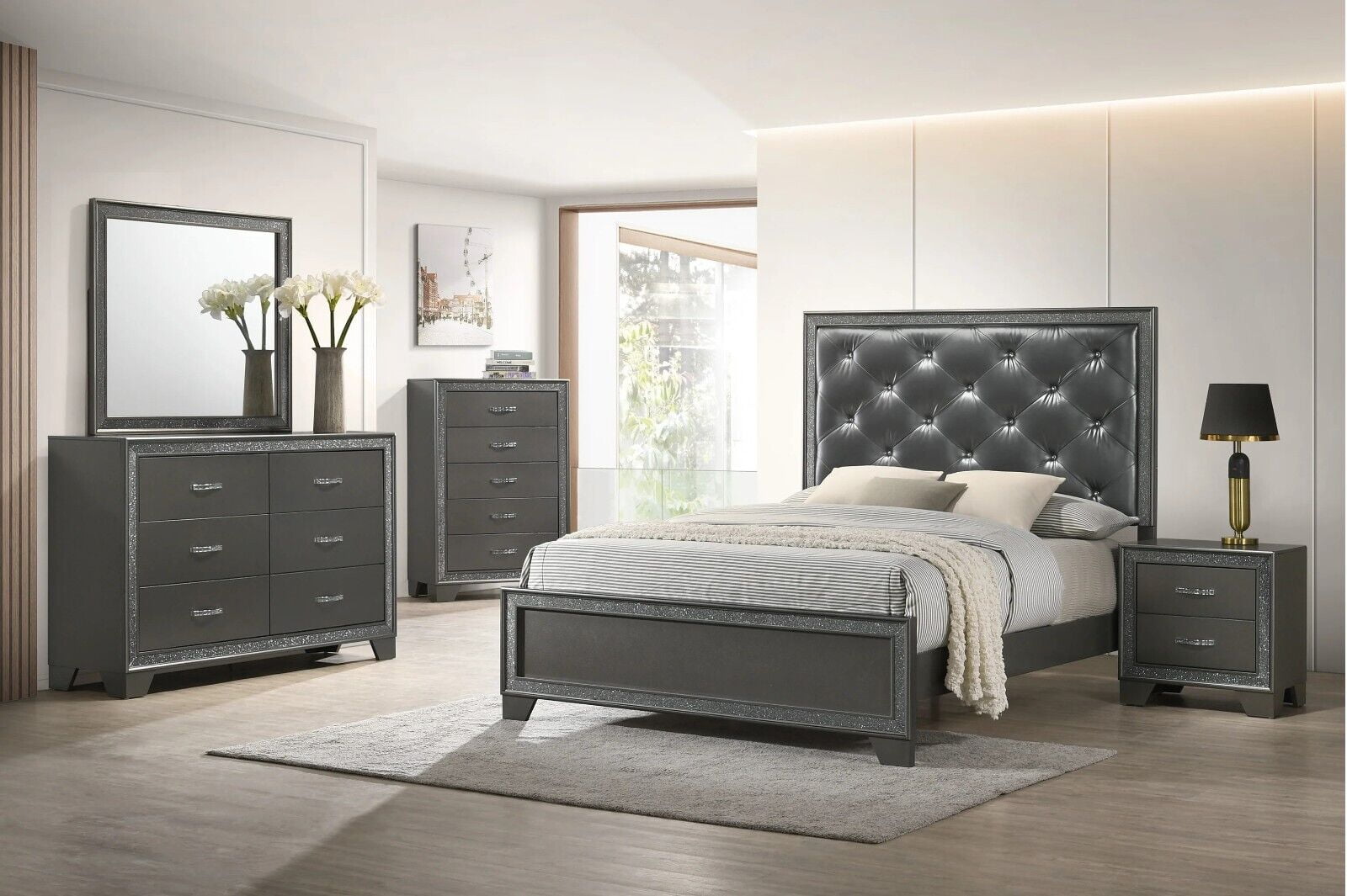 5pc Modern Glam King Size Panel Bed Set Button-Tufted Headboard Dark ...