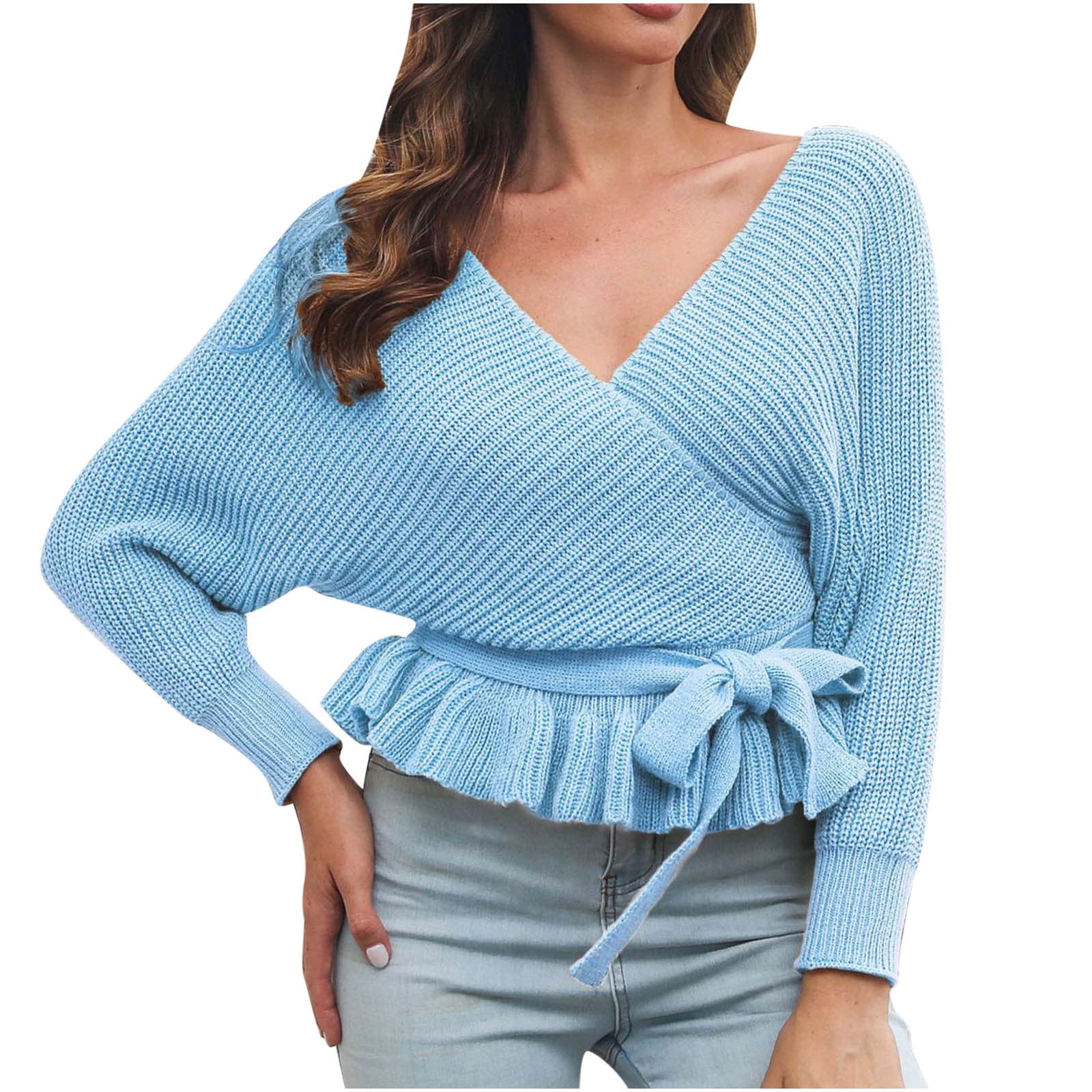 Fesfesfes Woman Loose Sweater Tops Tight-Fitting V-neck Pleated Knit ...