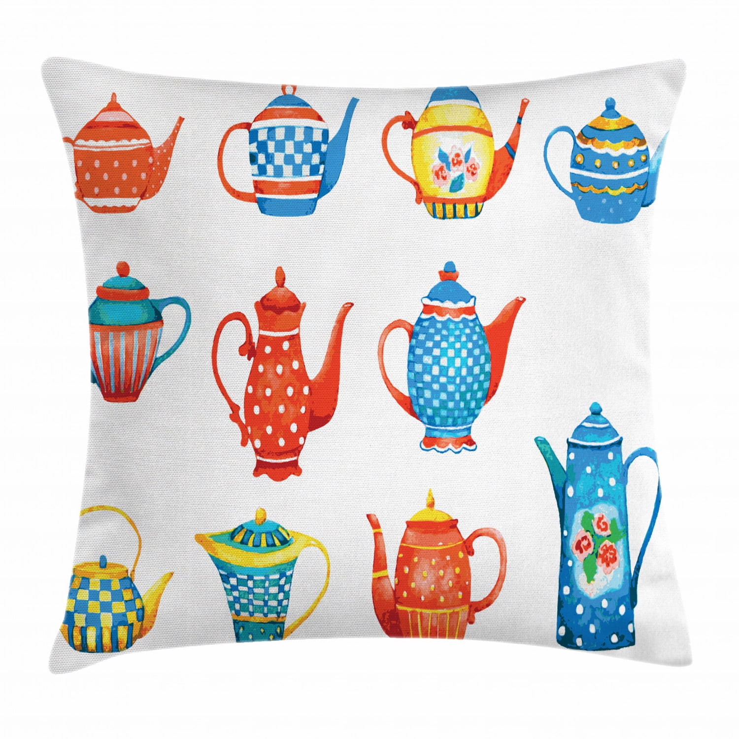 Tea Party Throw Pillow Cushion Cover, Colorful Teapots Various Shapes ...