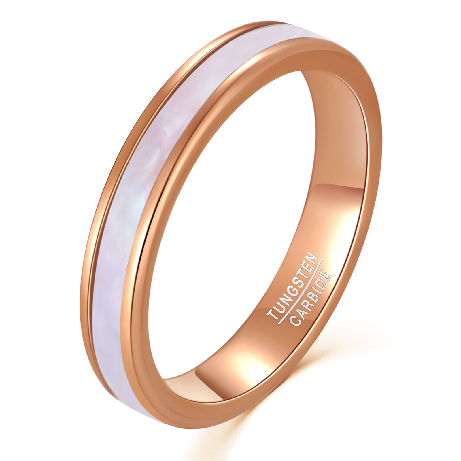 Vakki 4mm Rose Gold Tungsten Rings Mother of Pearl Inlay Wedding Bands ...