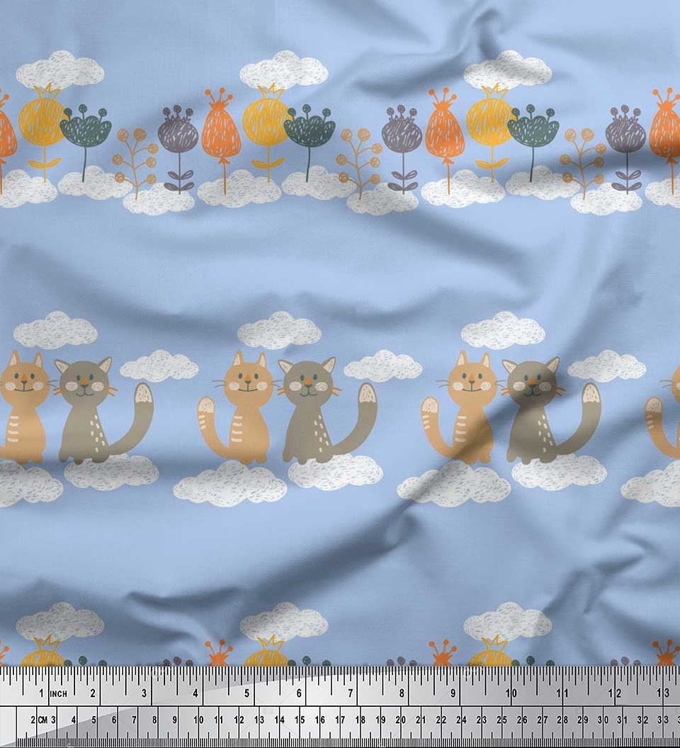 Soimoi Cotton Cambric Fabric Floral,Clouds & Cat Kids Print Fabric by ...