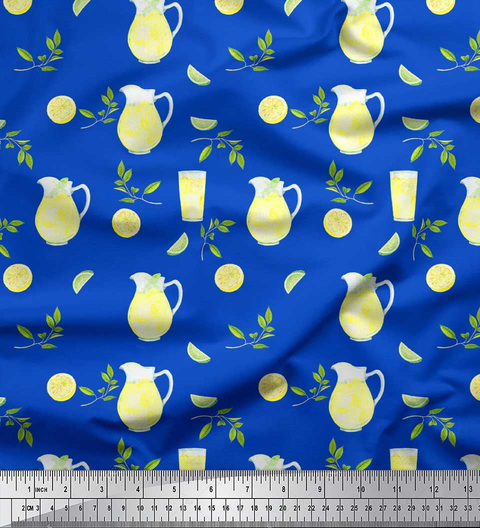Soimoi Blue Viscose Chiffon Fabric Lemon Slice & Lime Juice Fruits ...