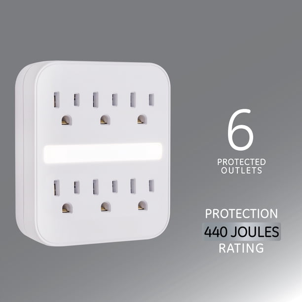GE 6-Outlet Grounded Tap with LED Night Light, 440J, Light Sensing ...