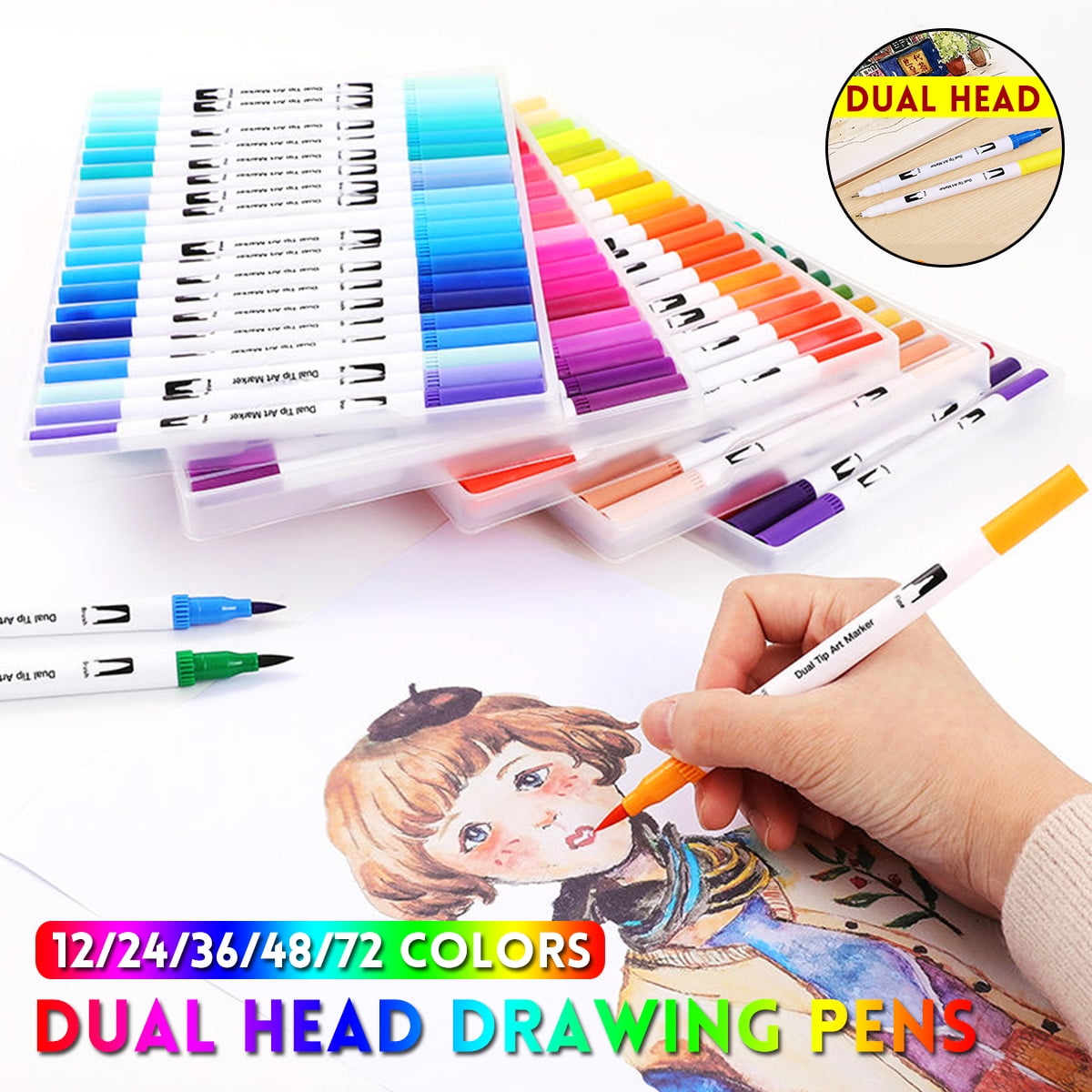 Colorful Drawing Mark Pens Paint Dual Head Soft Brush+Fine Tips Art ...