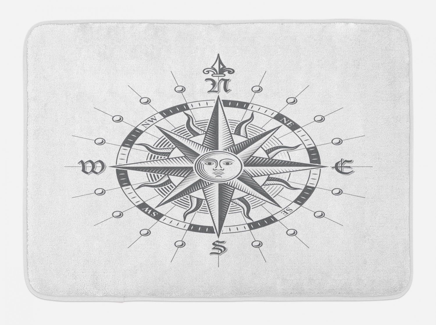 Compass Bath Mat, Hand Drawn Compass with the Face of the Sun on ...