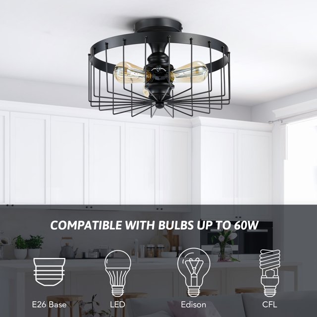 Bestco 15" Ceiling Light Fixture with Retro Metal Cage Shade 3 Light ...