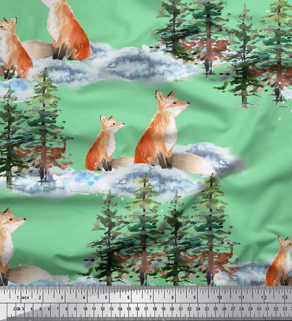 Soimoi Green Satin Silk Fabric Fox & Pine Tree Fabric Prints By Yard 42 ...