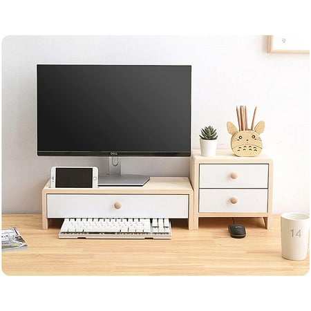 Bamboo Wood Monitor Stand Ergonomic Computer Riser 2-Tier 3 Drawers ...