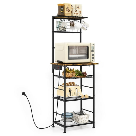 Bakers Rack with Power Outlet, Kitchen Microwave Stand with 10 S-shaped ...