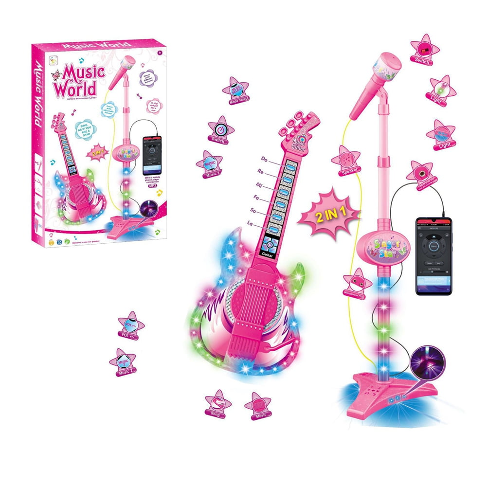 Guitar and Microphone Set,Guitar Toys with Music&Colorful Light ...