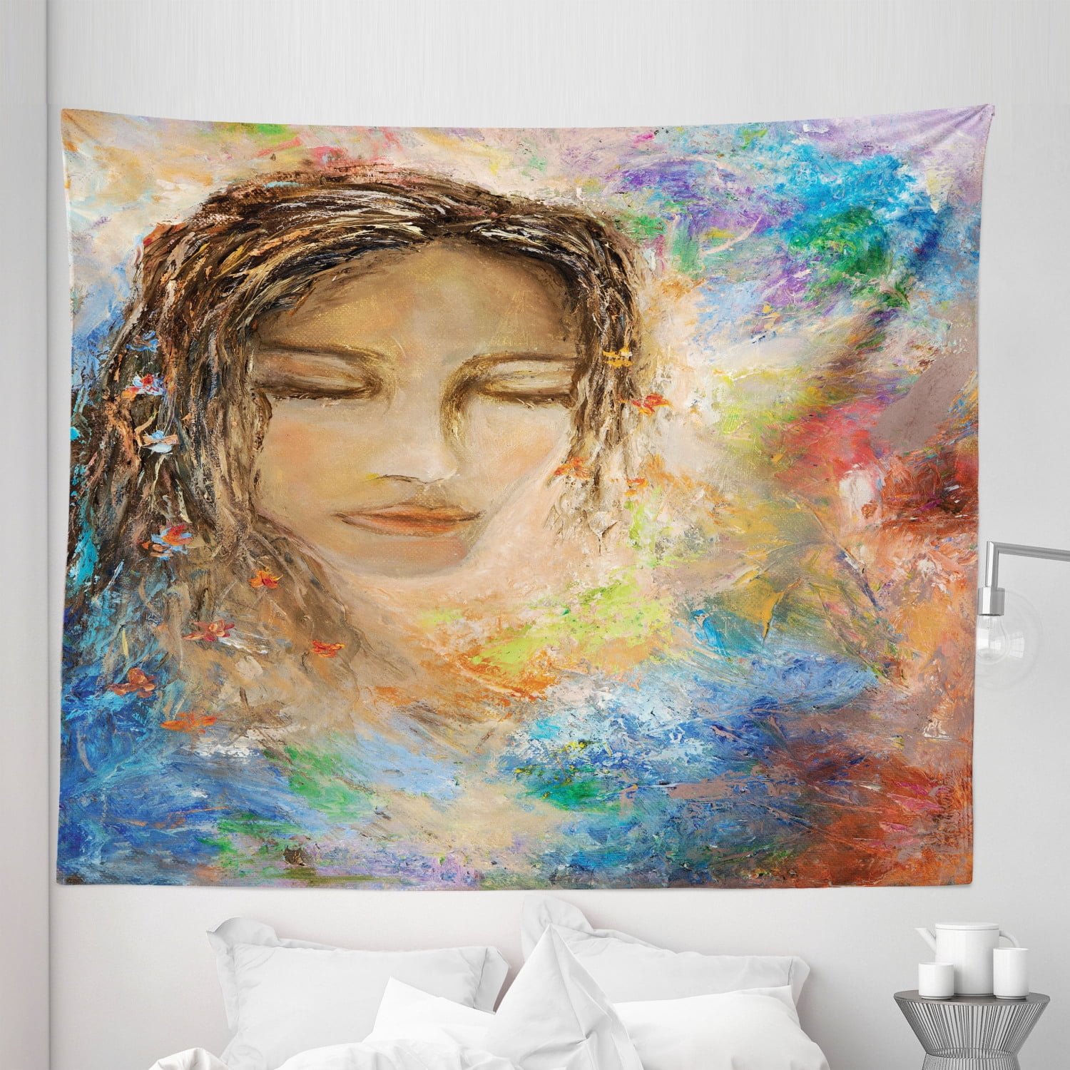 Women Tapestry, Colorful Watercolor Art Closed Eyes Lady Flourishing ...