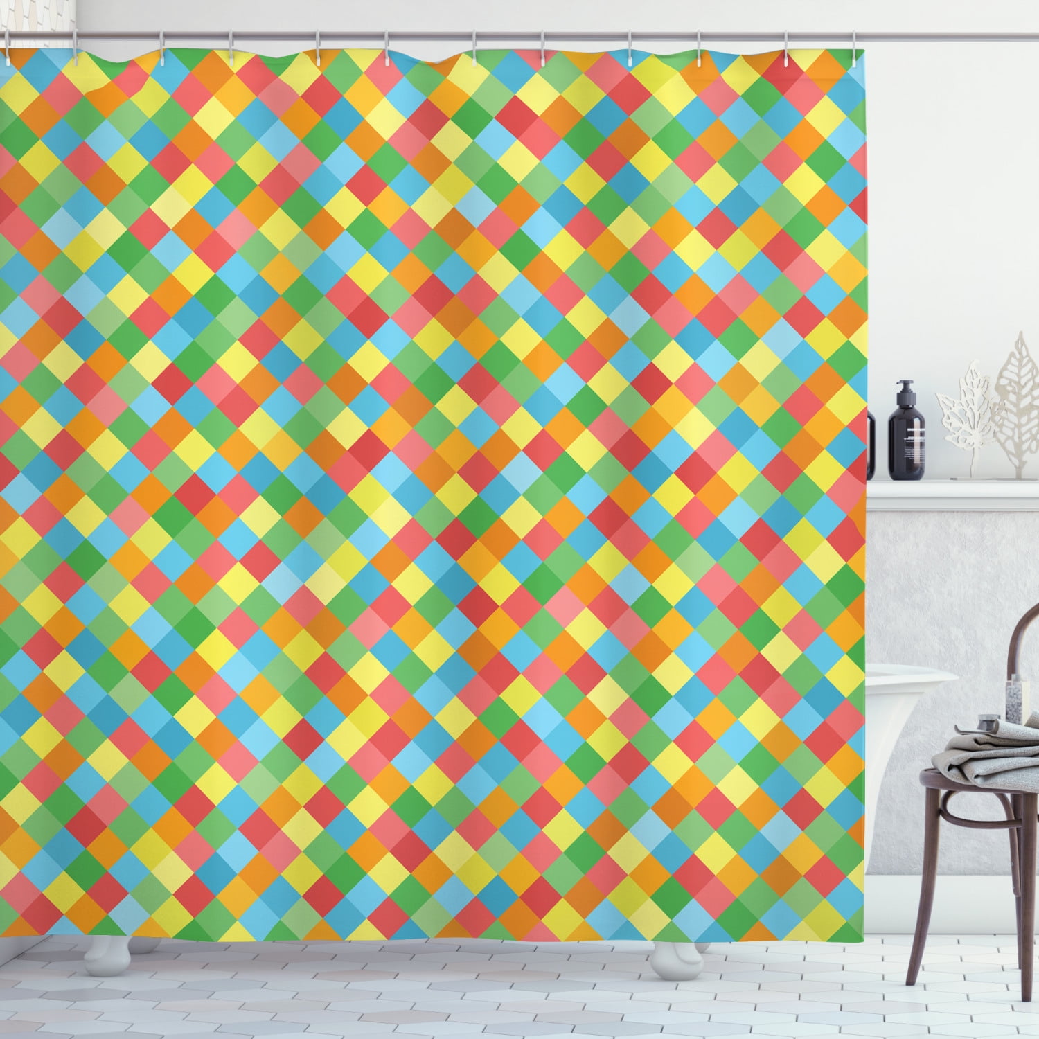 Grid Shower Curtain, Mosaic Tile Inspired Colorful Geometric Diamond ...