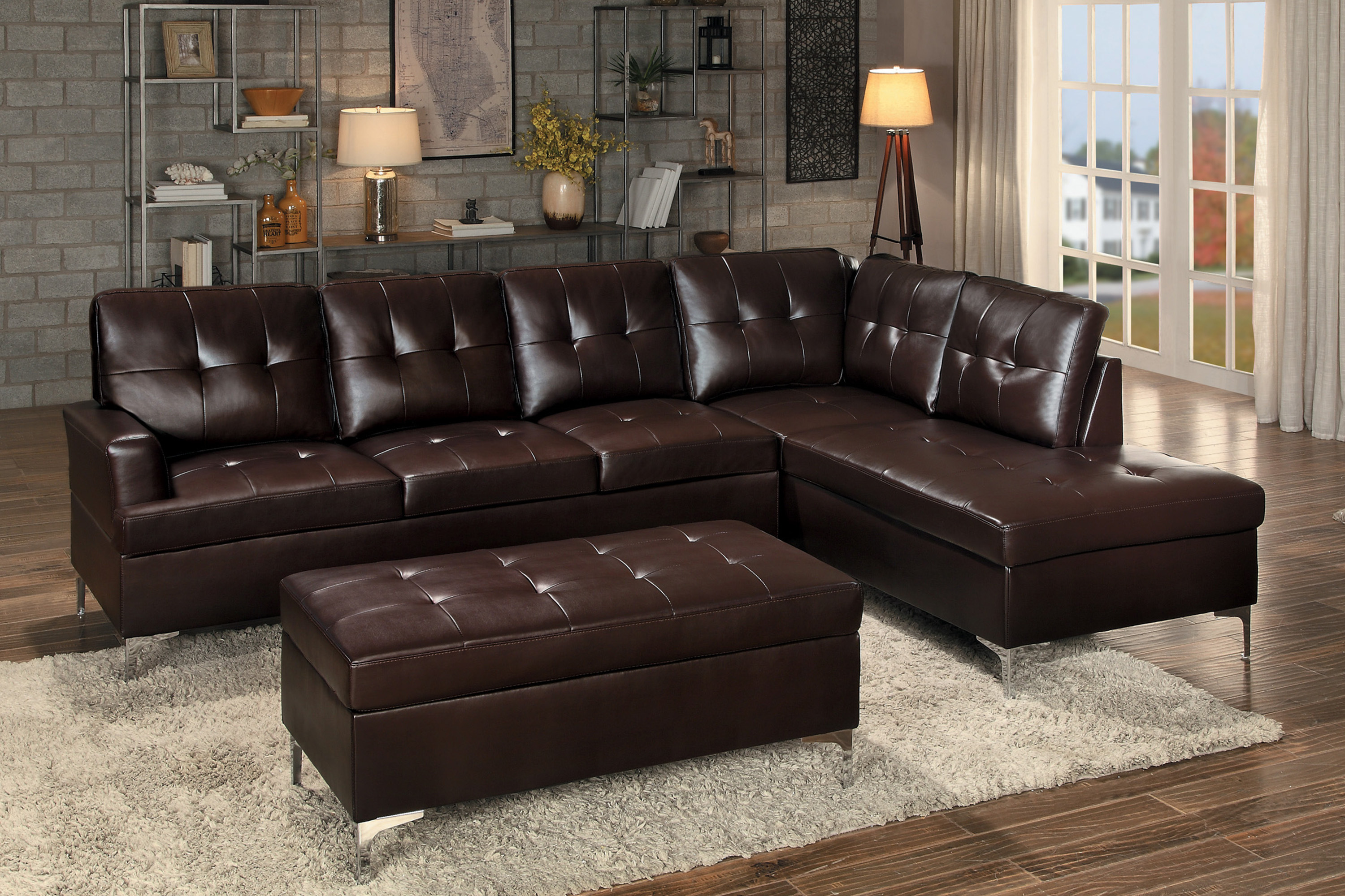 Contemporary Sectional Sofa Chaise Ottoman 3pc Set Stitch Tufting Brown PU Living Room Furniture ...