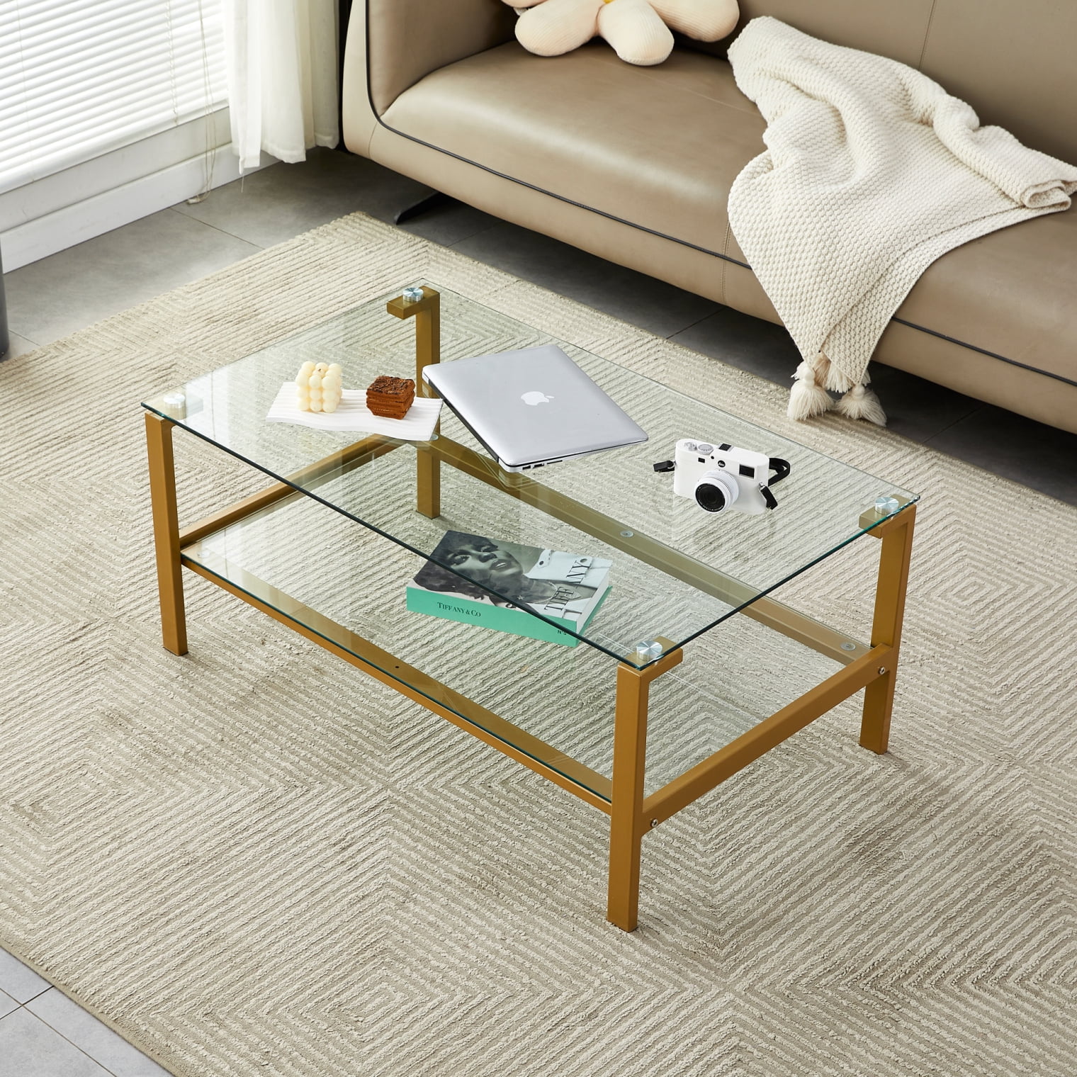 2-Tier Glass Side Table with Metal Legs, Modern Living Room Bedside ...