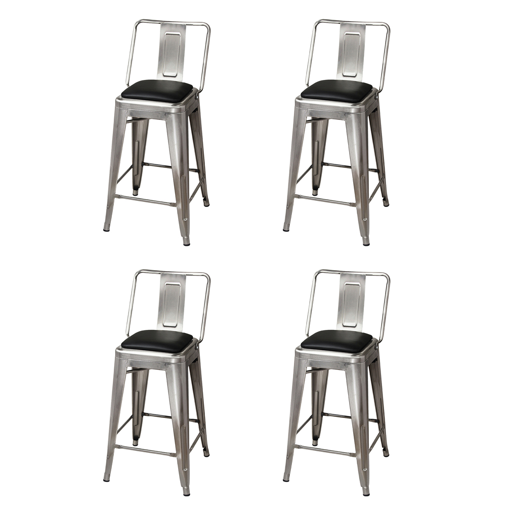 Leejay Gunmetal 24 inch Hight Back Counter Height Metal Barstool with Vegan Leather Seat, Set of ...