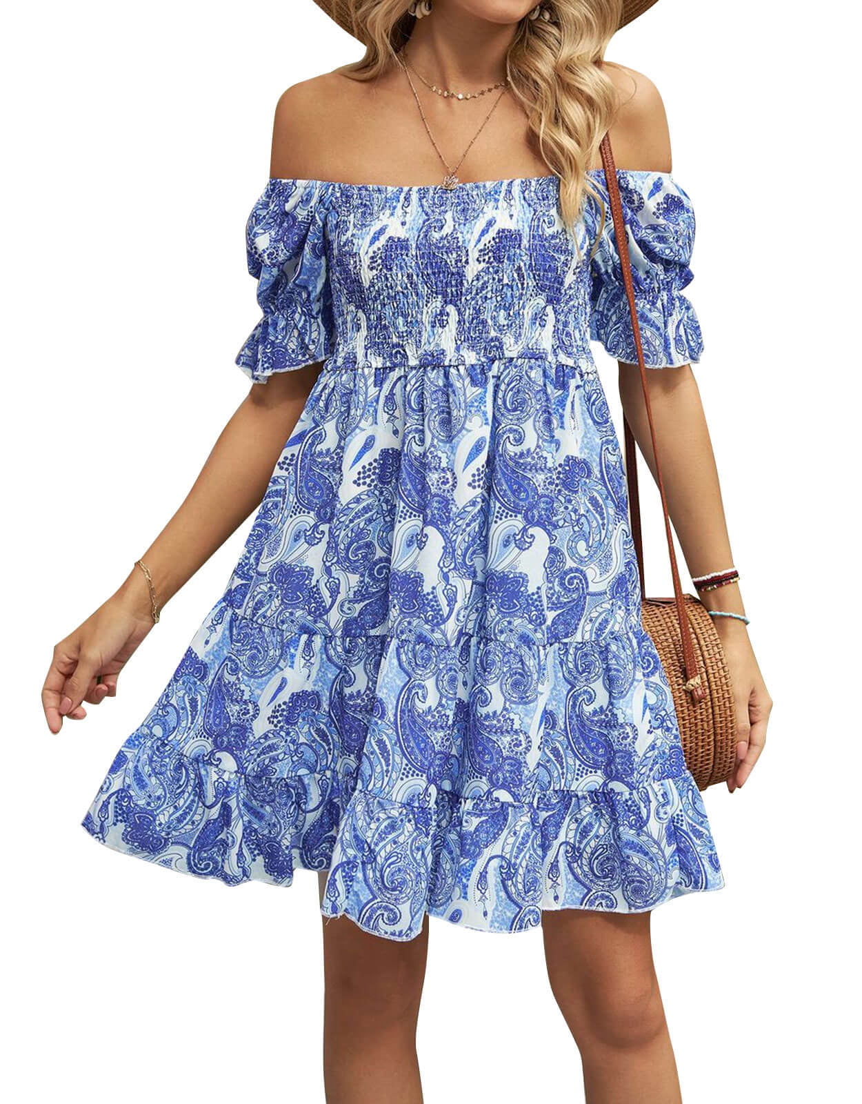 Cogild Summer Dresses Casual Short Sleeve Square Neck Mini Dresses ...