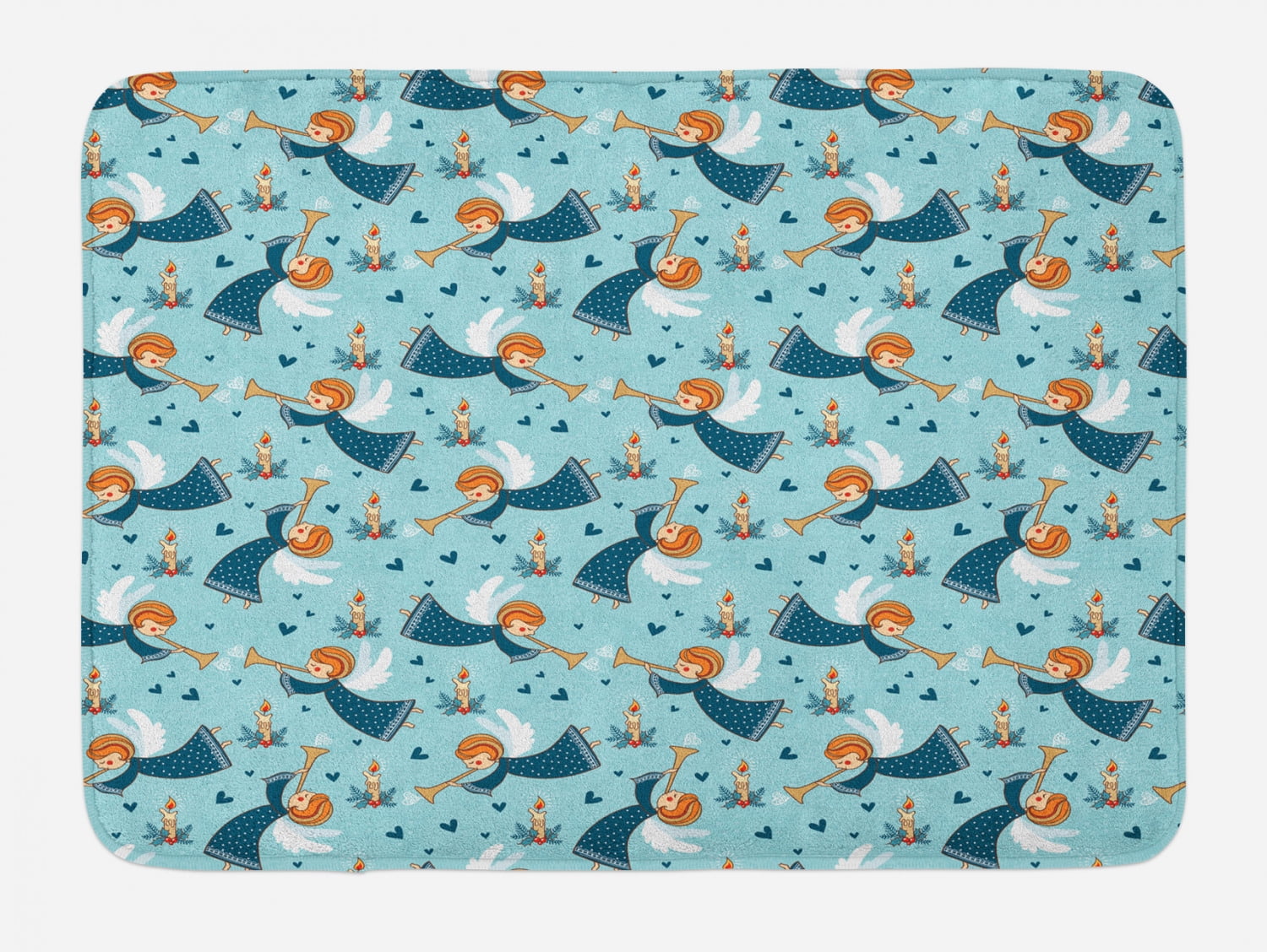 Angel Bath Mat, Cute Winged Girl with Trumpet in Sky with Candles ...