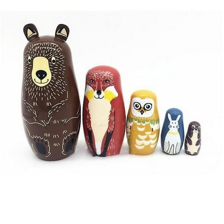 5-Layer Wooden Matryoshka Cartoon Animal Nesting Dolls Set with Brown ...