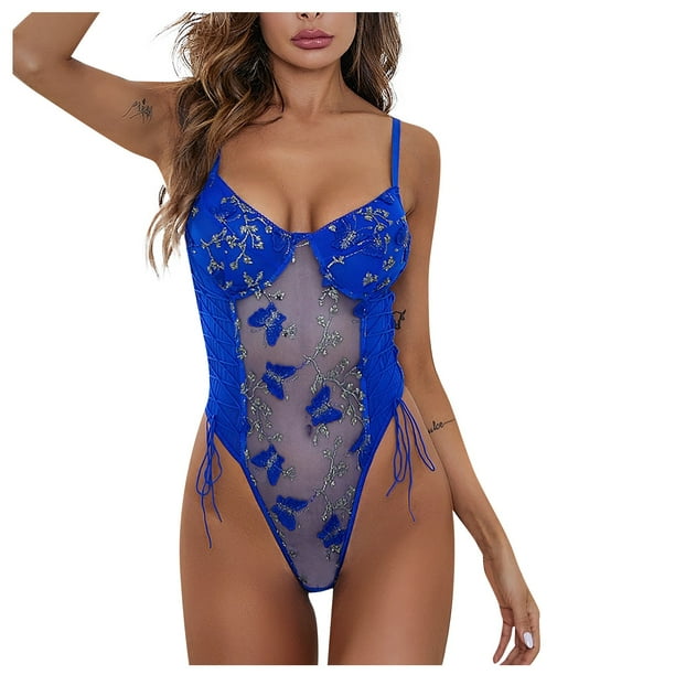 Dengdeng Women Lace Mesh Floral See Through Teddy Bodysuit Sexy