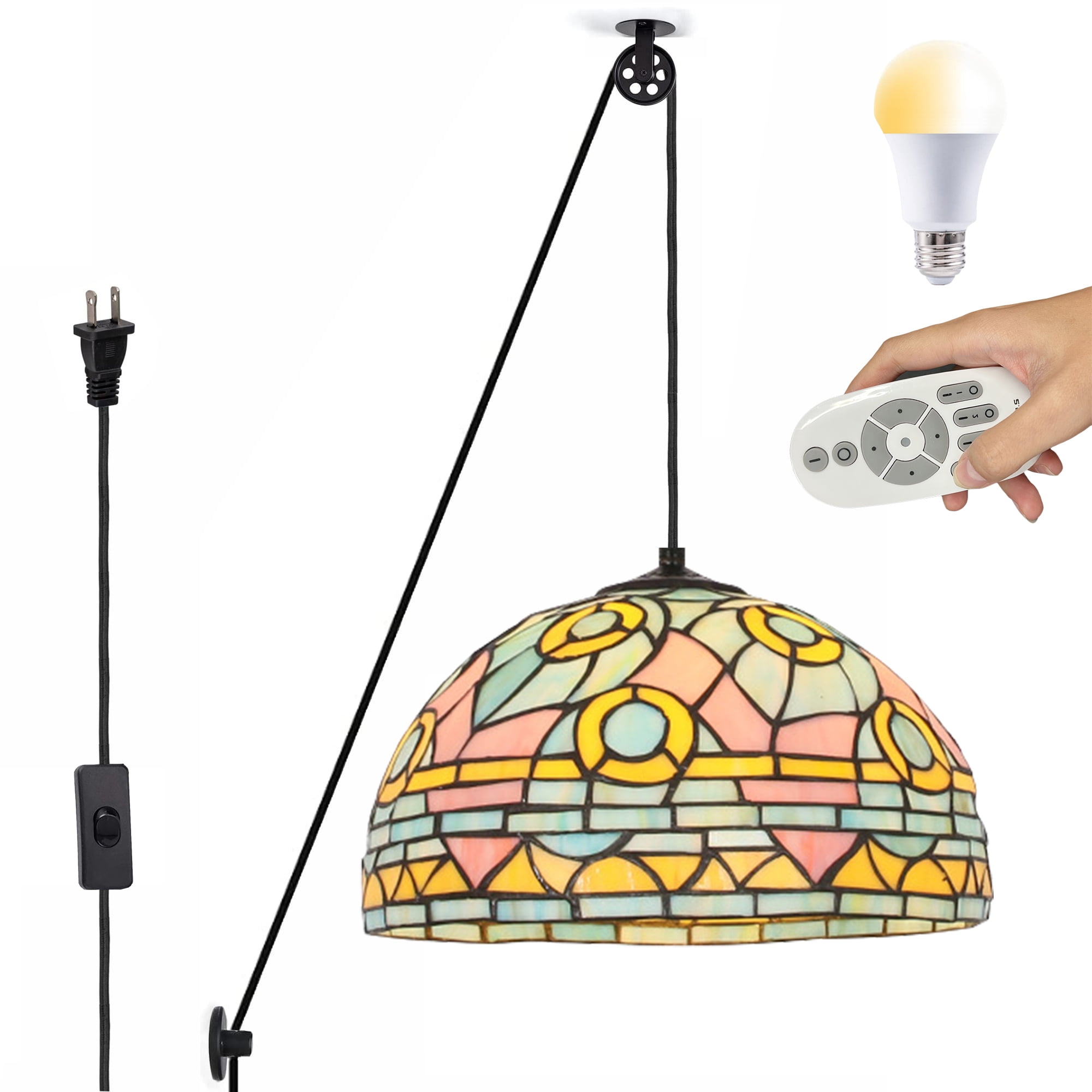 Kiven Plug in Iron Pendant Light, Tiffany Pulley Hanging Light with ...