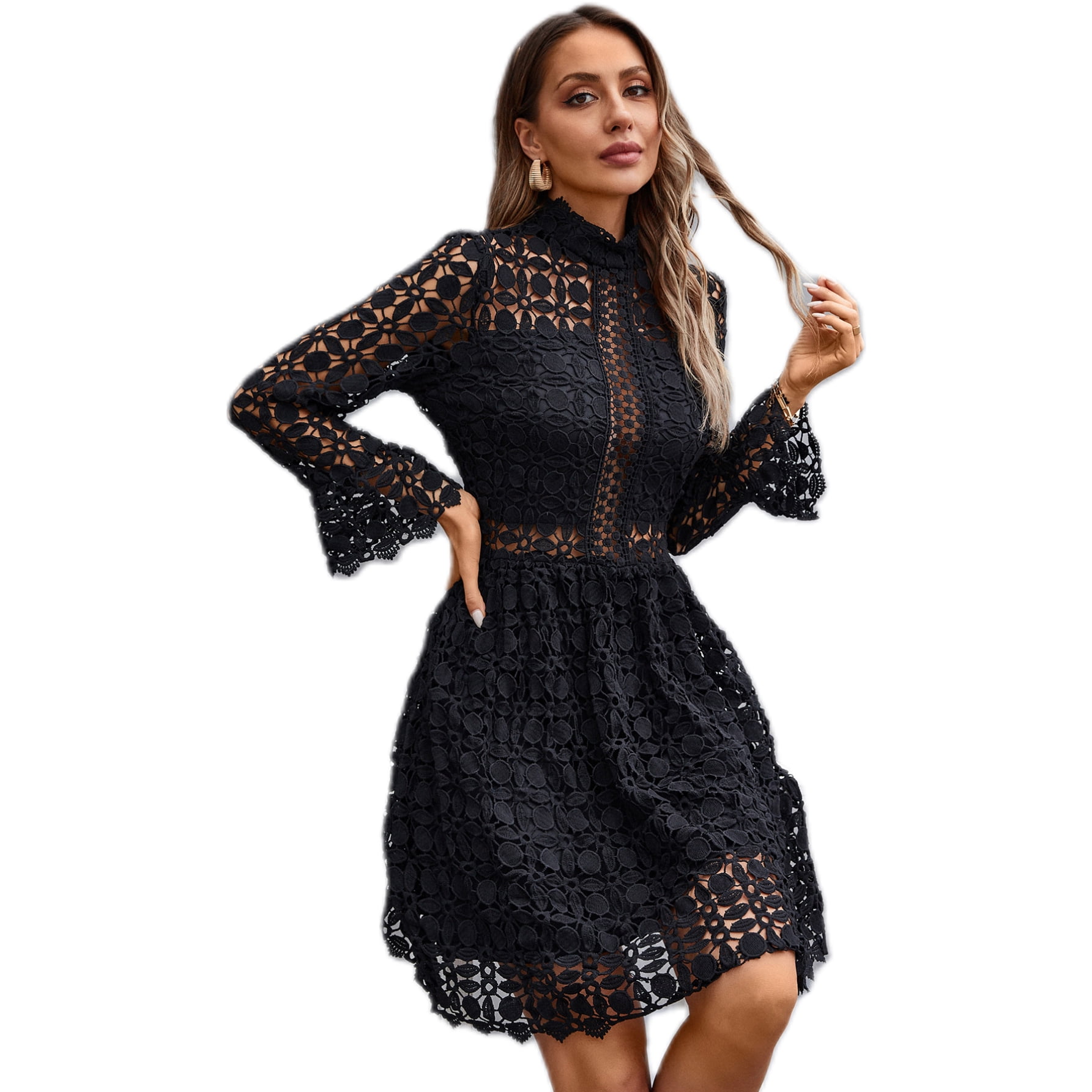 EILLY BAZAR Women's Lace Dresses Mesh Insert Mock Neck Flounce Sleeve ...