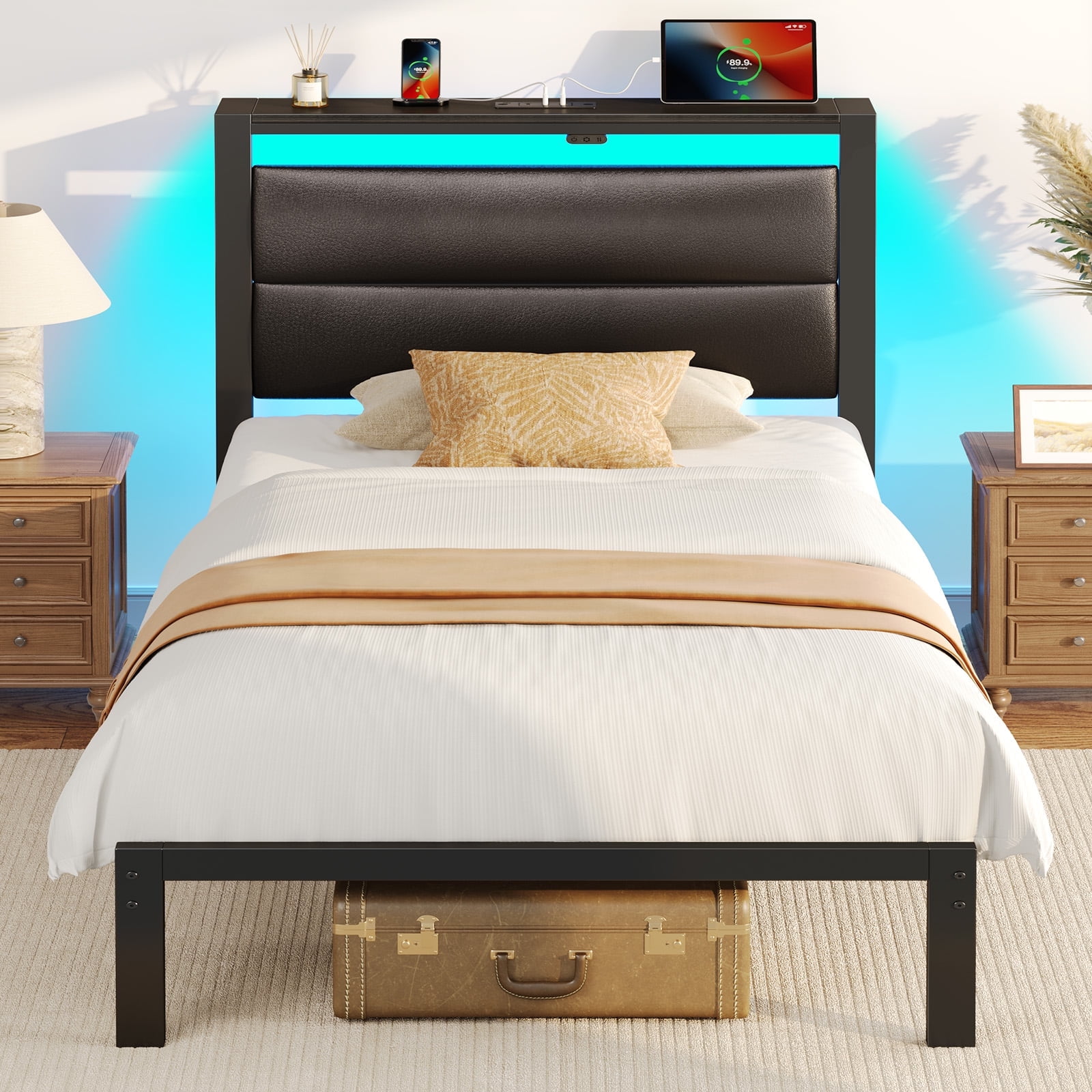 Greenstell Twin Size LED Light Bed Frame with Storage Wooden Headboard ...