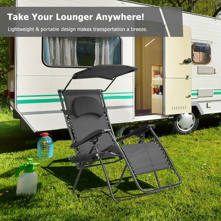 Spaco Folding Recliner Lounge Chair with Shade Canopy Cup Holder Black Folding Beach Chair for Adults Lightweight Beach Chair Low Beach Chairs for