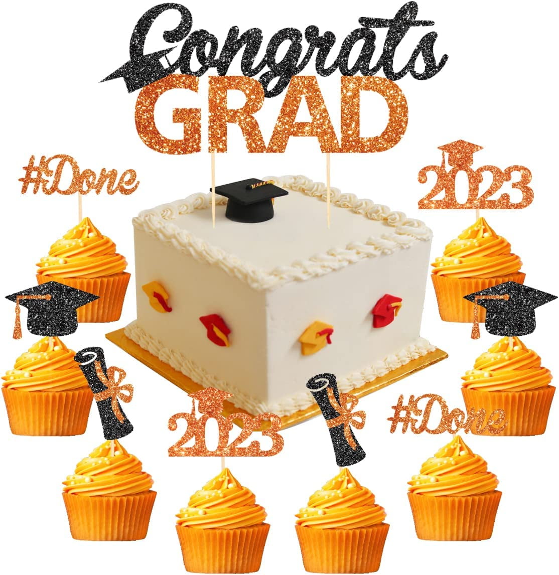 Graduation Decorations Orange and Black 2023 Congrats Grad Cake Topper ...